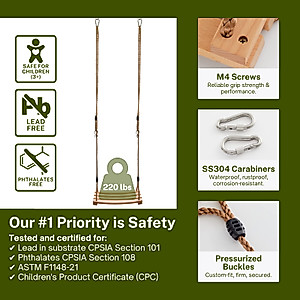 Wooden Tree Swing for Kids - ASTM F1148-21 Certified - Double Coated 16.5”x7.8” Wood Swing Seat for Outside - Weatherproof Adjustable Polyester Ropes - Outdoor or Indoor Kids Tree Swing Set - Backyard