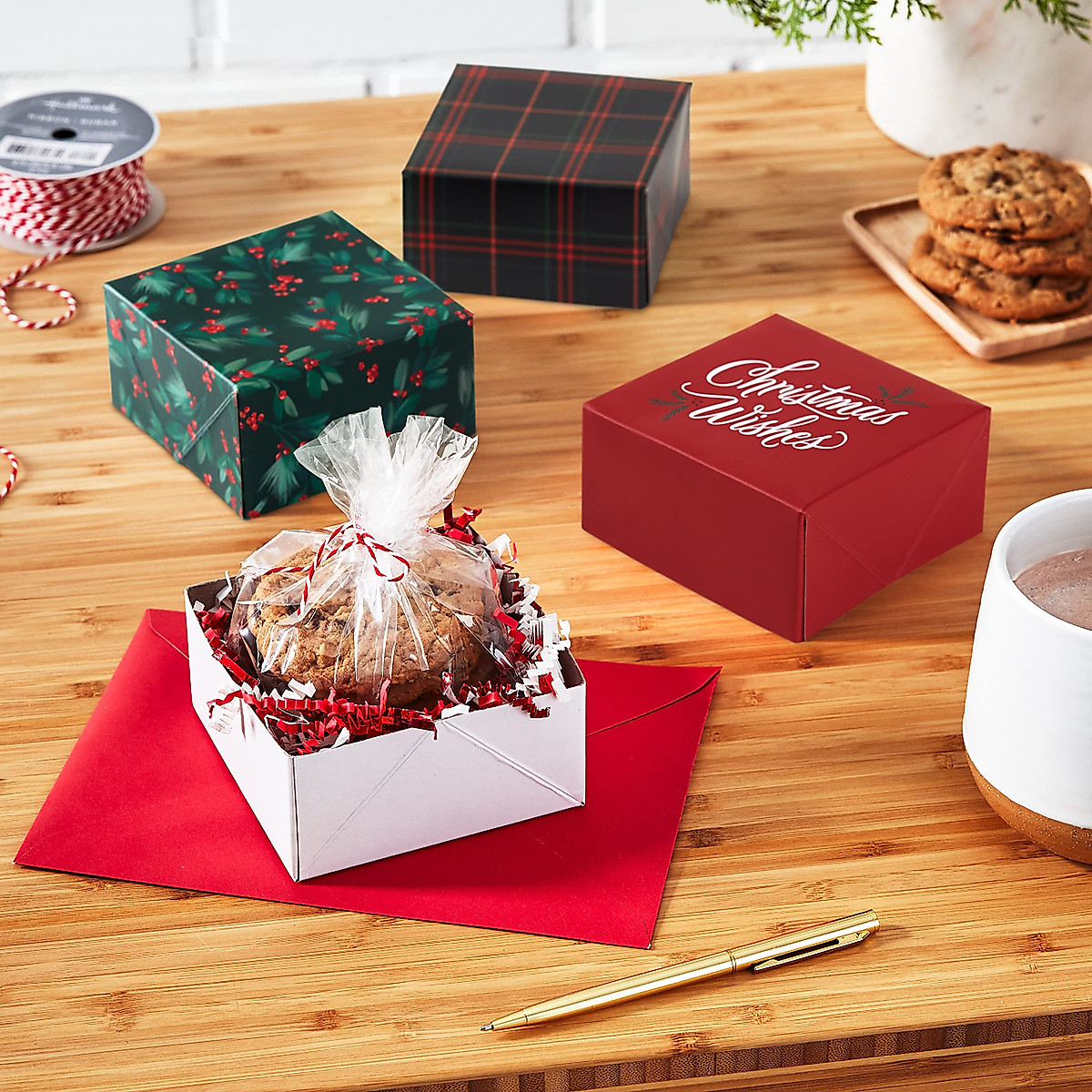 Hallmark Small Christmas Gift Boxes (4 Pack: Red and Green Plaid, Holly, Christmas Wishes Black and Red Plaid) 4 inch Boxes for Gift Cards, Candy, Cookies and More
