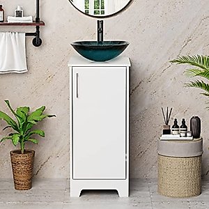 U-Eway 13 inch White Bathroom Vanity and Sink Combo,Artistic Tempered Glass Vessel Sink Combo with Faucet & Solid Brass Pop Up Drain,Single Small Bath
