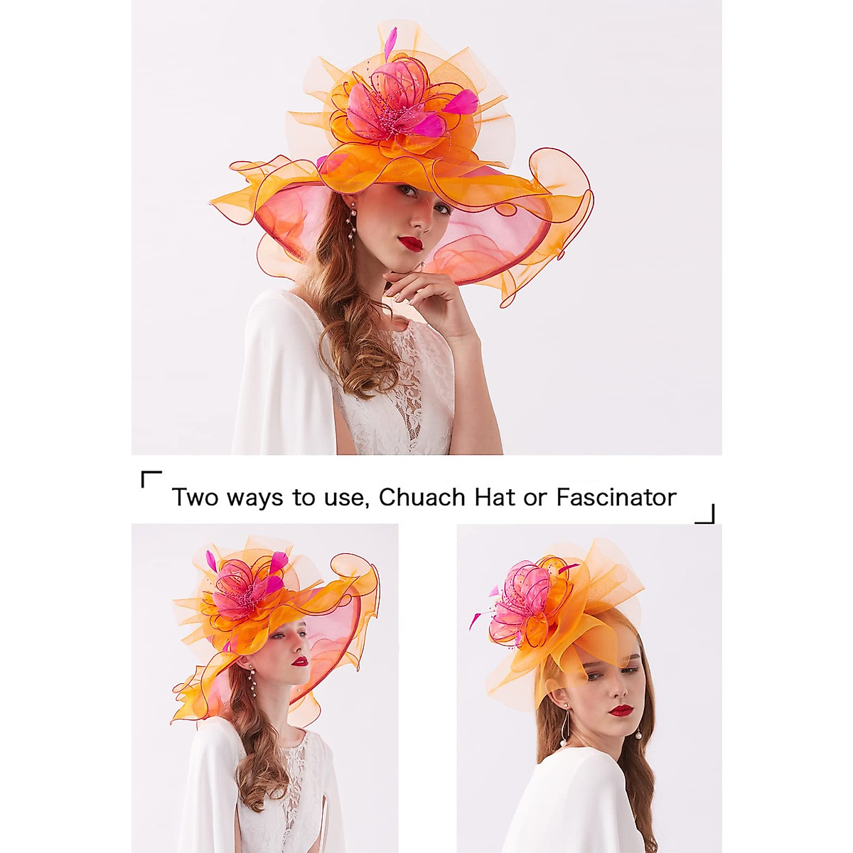 ELLYDOOR Women Organza Derby Hat Wide Brim Wedding Tea Party Hat Beads Floral Fascinator Church Hat 20-Orange