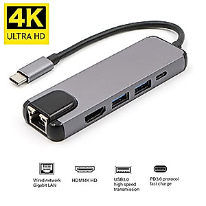 Leya-US Spare Part USB-C/Type-C to HD 4K HDMI + RJ45 + USB 3.0 + USB 2.0 + PD 5 in 1 HUB Converter