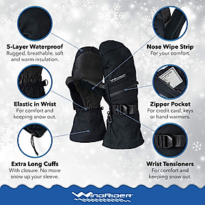 Rugged Waterproof Winter Mittens | Extra Long Gauntlets | Snowboard, Ski, Ice Fishing, Mittens | Medium Weight (XL)