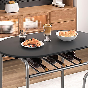 VECELO 3 Piece Small Round Dining Table Set for Kitchen Breakfast Nook, Wood Grain Tabletop with Wine Storage Rack, Save Space, 31.5", Black & Silver