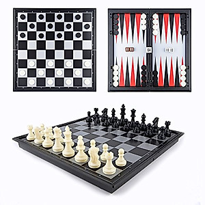 Chess / Checkers / Backgammon 3 in 1 Set, Hoshin Portable Folding Travel Magnetic Chess Board for Kids, 9.8 x 9.8 x 0.8 Inch
