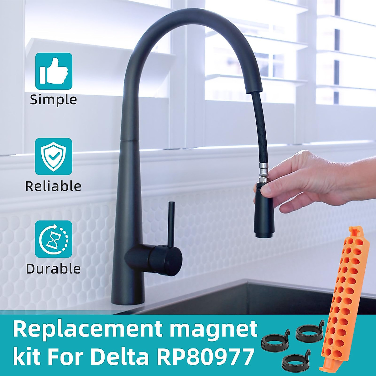 RP80977 Replacement Magnets for Delta Kitchen Faucets, Comes with a Tool to Install And Remove The Faucet Cleaning Magnets Easily - 3 Rings