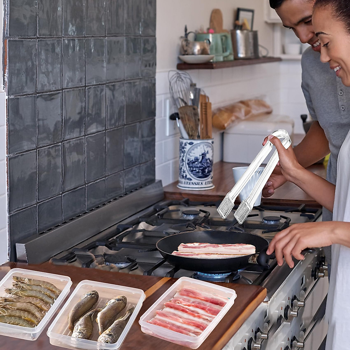 6 Pack Bacon Keeper, Deli Meat Saver for Refrigerator, Container with Airtight Lid, Cold Cuts Cheese Bacon Storage Container for Refrigerator, Lunch Meat Container, 3pcs Serving Tongs