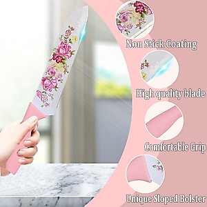 KoudHug Kitchen Knife Set, Pink Flower 7-pieces Stainless Steel Sharp Chef Cooking Non-slip Knife Set with Acrylic Stand & Block, Non-stick Colorful Coating Present for Women and family (Pink)