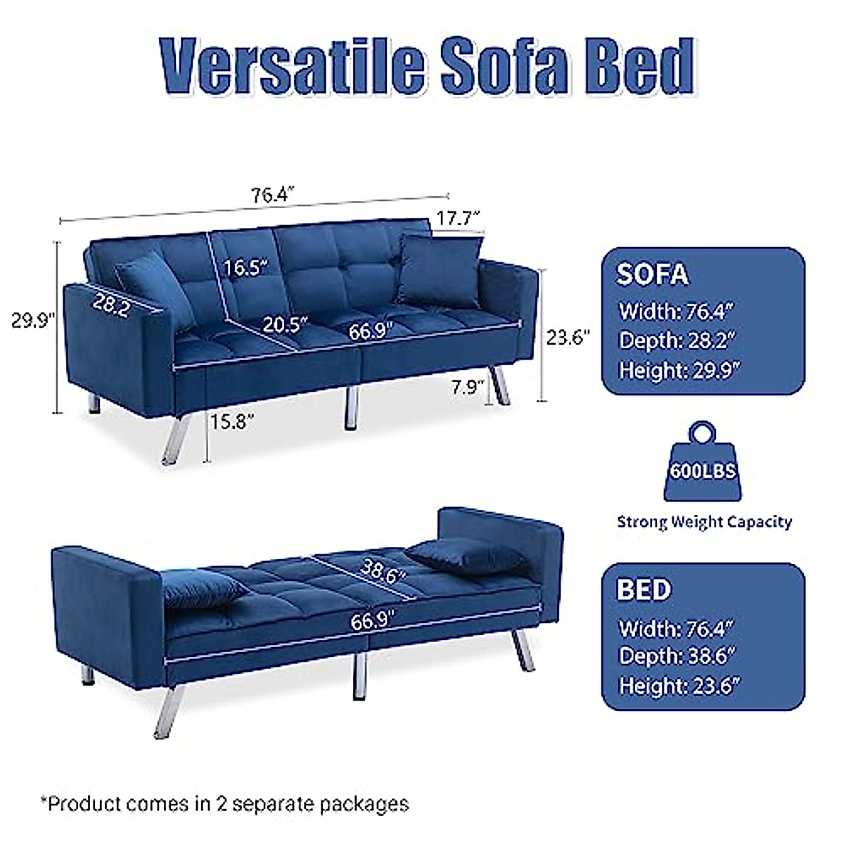 civama Futon Sofa Bed, Velvet 76" Twin Size Couch with 2 Pillows, 3-Seater 3 Angles Convertible Tufted Loveseat Sleeper for Living Room, Modern Upholstered Armrest Folding Futon, Blue, Metal Leg