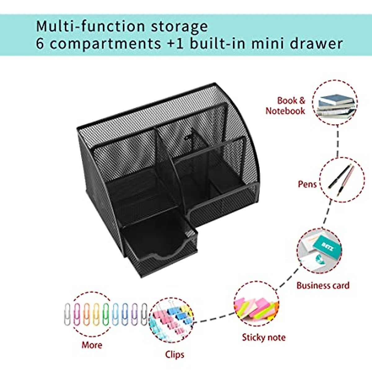 Beiz Desk Organizer Caddy and Accessories Holder with Storage Drawer + 6 Compartments, Pen Organizer w/Sticky Note Tray, Desk Essential to Collect Desk Supplies for Office Home Dorm Room, Black