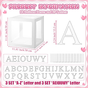 Thyle 12 Pcs Transparent Balloon Boxes Clear Balloon Boxes with 99 Letters for Baby Shower Gender Reveal Grad Birthday Party Bridal Wedding Anniversary Backdrop Decoration (White)