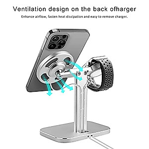 Adjustable Stand for MagSafe Charger/Apple Watch, Aluminum Phone Holder for iPhone 14 Plus 13 12 Pro/Pro Max/Mini and Apple Watch Series SE Ultra (Charger Not Included) (Silver)