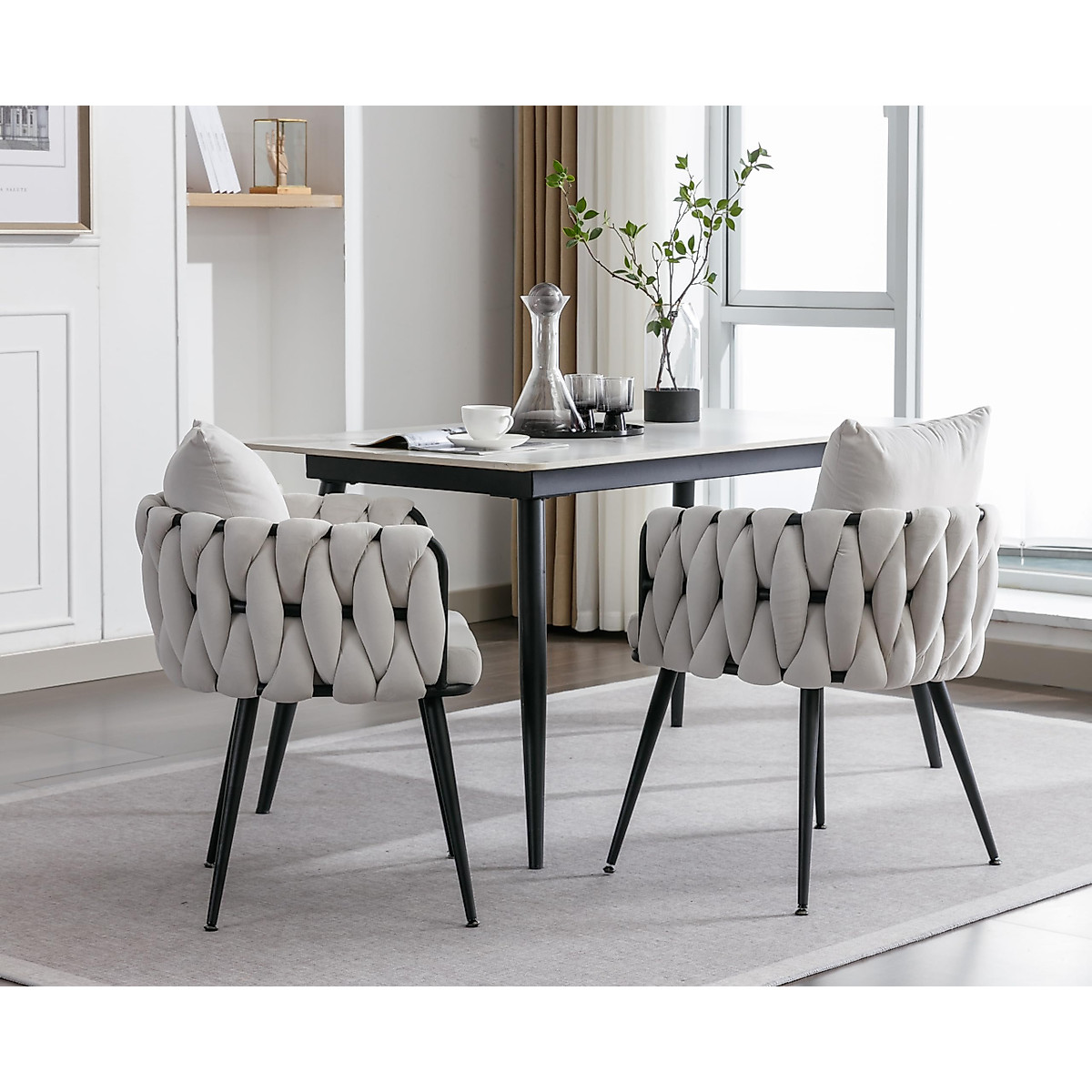 INMOZATA Dining Chairs Set of 2, Modern Woven Dining Room Chairs, Upholstered Kitchen Chairs, Velvet Dining Chair with Black Metal Legs,Ivory