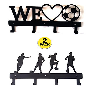 GarrDesign 2 Pack Soccer Football Holder Metal Sign Home Decor Door Coat Hanger, Wall Mount Art Housewarming Gift Sports