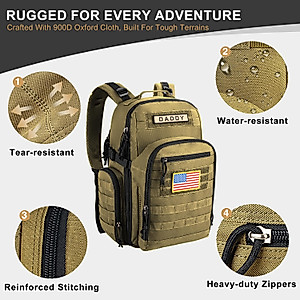 MIRACOL Military Diaper Bag for Dad - Large Diaper Backpack with 12+ Compartments - Insulated Bottle Pockets Quick-Access Wipe Dispenser for Travel Hiking Camping Tan