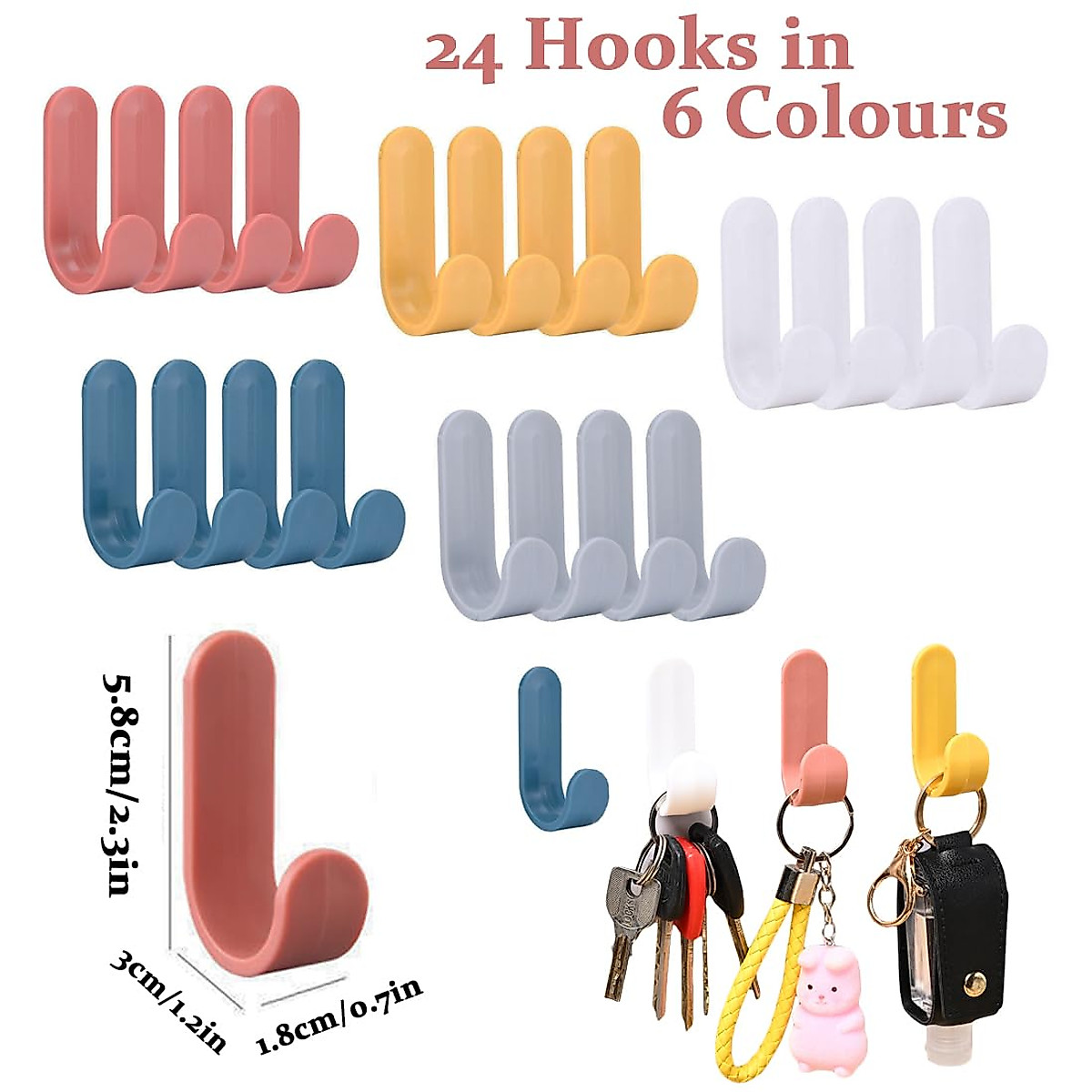 BieFuDan 24 Pack Self Adhesive Hooks Utility Wall Hooks Key Hooks for Wall Decorative Key Holder Rack Command Hooks for Towels, Hats, Entryway,Bathroom, Kitchen, Living Room, Office