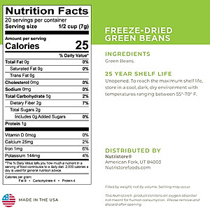 Nutristore Freeze Dried Green Beans | Vegetables for Healthy Snack or Long Term Storage | Emergency Survival Canned Food Supply | Bulk #10 Can Veggies | 25 Year Shelf Life | 20 Servings