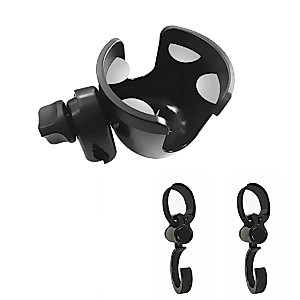 NUOSHIKE Stroller Cup Holder, Baby Water Bottle Holder, Bicycle Bottle Holder, Wide Calibre, Universal Cup Holder for Rollator, Boat, Walker, Wheelchair, with 2 pcs Stroller Hook SCH4037 Black