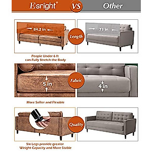 Esright 84.2”Mid-Century Sofa Couch,Tufted Synthetic Suede Fabric Modern Couch with 2 Bolster Pillows, Sofas Couches for Living Room,Apartment,Dorm & Office,Saddle Brown