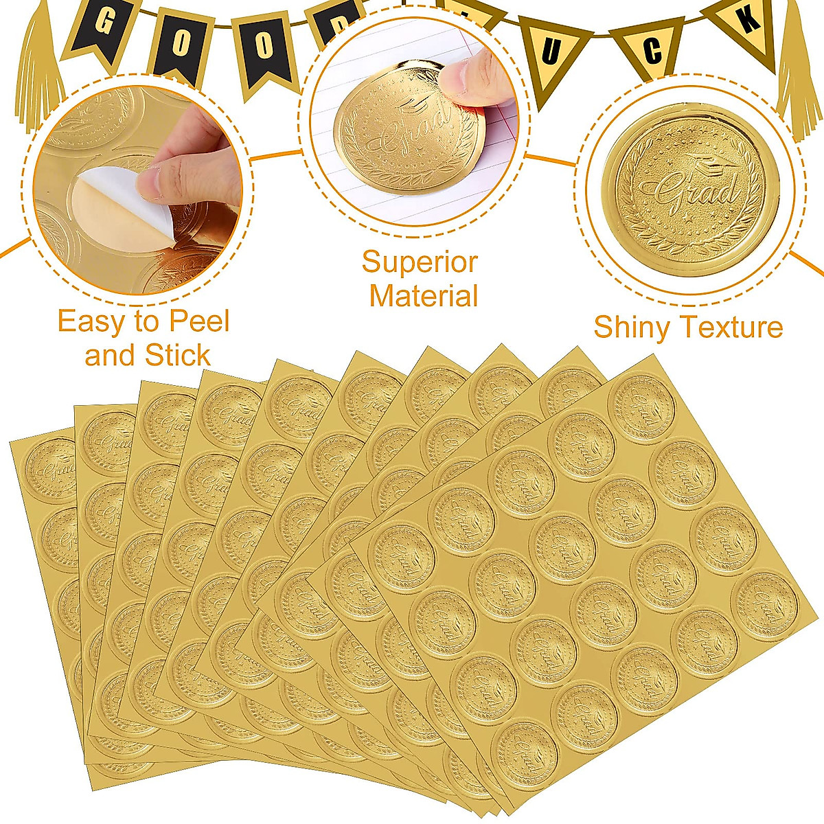 200 Pieces Embossed Graduation Cap Certificate Seals Gold Embossed Seals Grad Envelope Seal Stickers Foil Gold Certificate Stickers for Envelopes Diplomas Certificates Awards Graduation Invitation