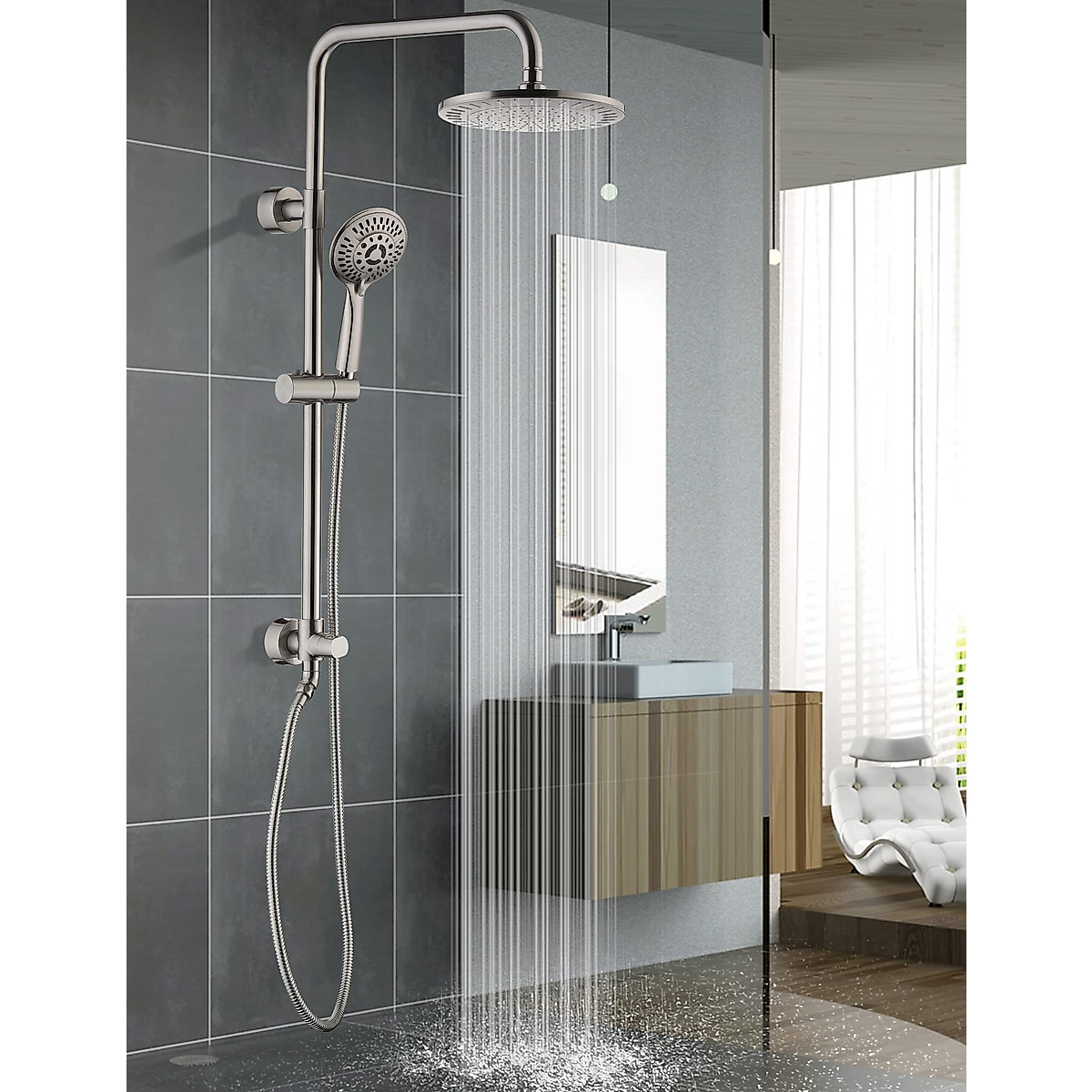 BRIGHT SHOWERS Rain System Including 9 Inch Rainfall shower head and Handheld with Height Adjustable Holder, Solid Brass Rail and 60 Inch Long Stainless Steel Shower Hose
