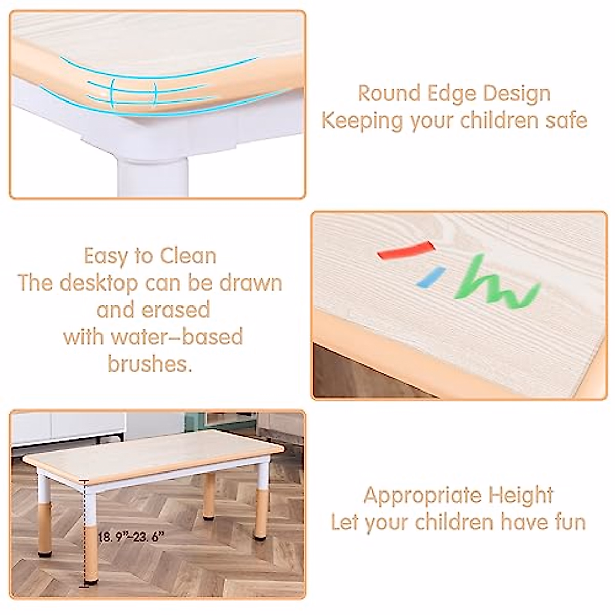 JONUTATO Toddler Table and Chair Set, Height-Adjustable Toddler Desk with 4 Seats, Kids Table and Chair Set for Girls & Boys Age 2-10, Scrub-Table Desktop Kids Study Table for Daycare, Brown