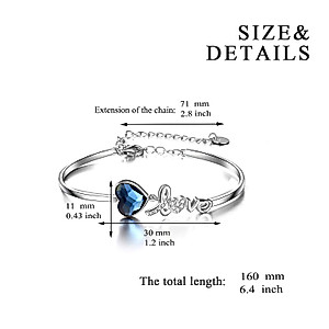 AOBOCO I Love You Jewelry Sterling Silver Love Heart Bangle Bracelet for Women, Blue Crystal from Austria, White Gold Plated, Anniversary Birthday Jewelry Gifts for Wife Girlfriend Daughter