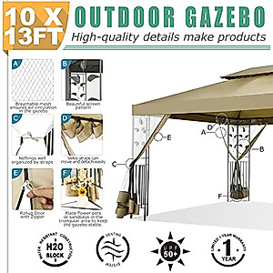 COBIZI 10x13 Outdoor Gazebo, Garden Tent for Patio Canopy with Leaf Screen Steel Frame and Mosquito Netting, Double Roof Canopy Tent for Deck, Backyard, Garden and Lawns, Khaki