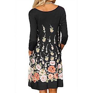 Shakumy Women Floral Print Long Sleeve Crew Neck T Shirts Dress Casual Loose Sundress Tunic Tops Dress Boho Mini Short Dress