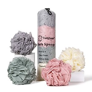 TungSam Bath Loofah Sponge, Pack of 4 Mesh Pouf Body Shower Scrubber. (Multi-Color)