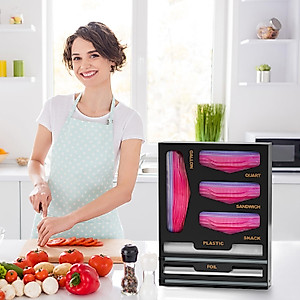 LUYABA 6 in 1 Bag Organizer and Wrap Dispenser with Magnetic Lid - Plastic Wrap Dispenser with Cutter for Kitchen Drawer, Storage for Gallon, Quart, Sandwich, Snack Bags, and Foil Black