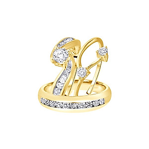 AFFY White Natural Diamond Engagement & Wedding Trio Bridal Ring Set in 10K Solid Yellow Gold (1.5 Carat, I-J Color, I2-I3 Clarity)