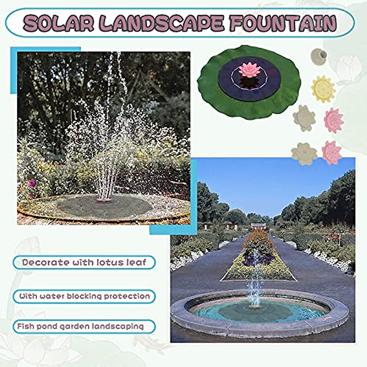 Free Standing Solar Water Fountain Floating Bird Bath Fountain with 5 Flower Shape Nozzles,Monocrystalline Solar Pond Pump for Outdoor Garden Pool,Lotus Leaf Solar Fountain Pump-Lotus 21cm(8.26inch)