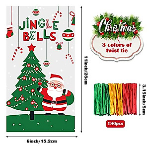 Moretoes Christmas Cellophane Bags 168Pcs Candy Treat Bags with 180Pcs Twist Ties 8 Assorted Styles Candy Bags Santa Claus & Gnome Pattern Snack Goodie Bag for Party Supplies