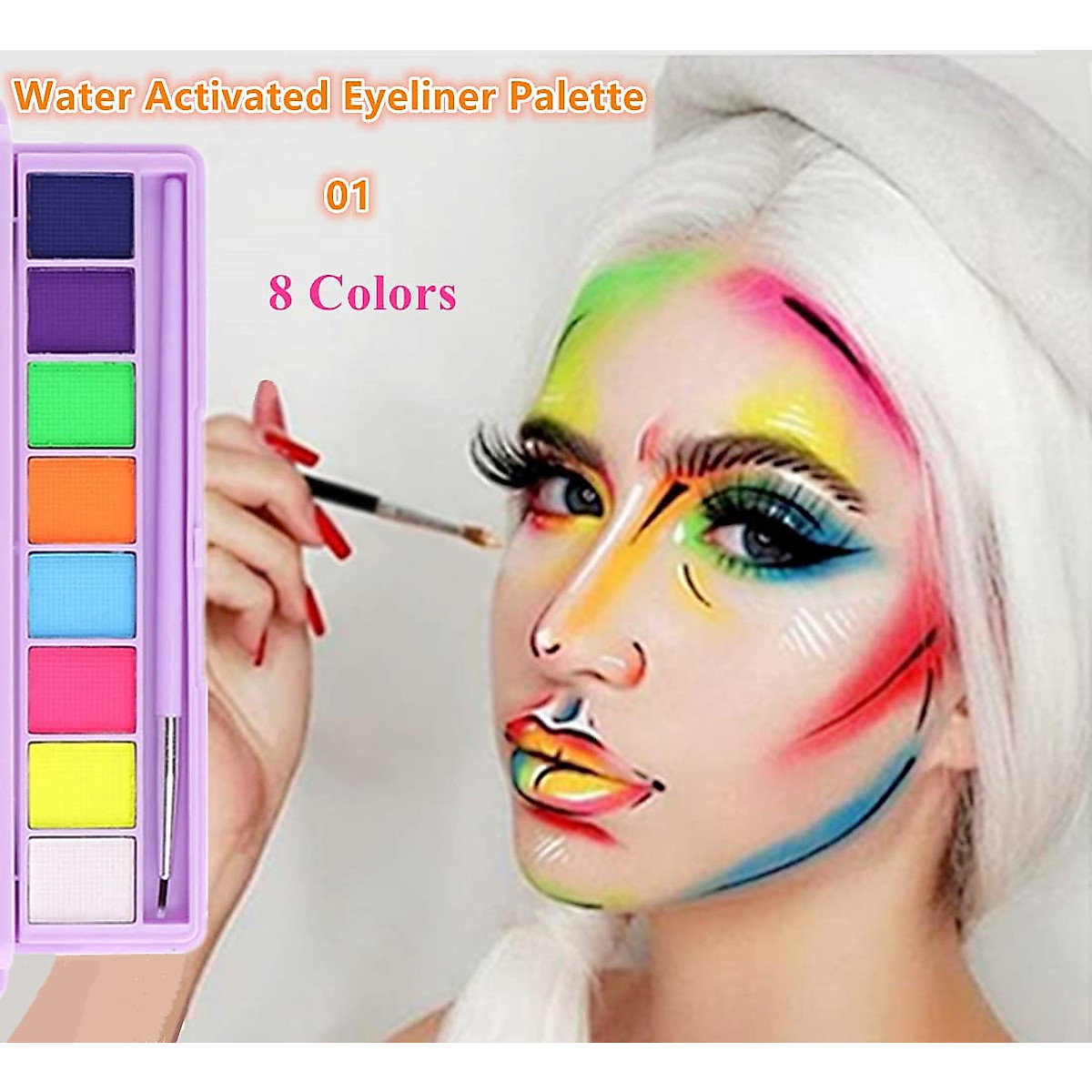 Go Ho 8 Colors Water Activated Eyeliner Palette,High Pigment Bright Vibrant Fluorescent Rainbow Colorful Eye/Face/Body Paint,Matte and UV Paint Graphic Eyeliner with Brushes-01