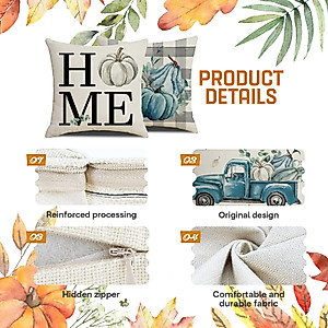 Fall Decorative Pillow Covers 18 x 18 Inch Set of 4, Pumpkins Trucks Plaid Autumn Decor Outdoor Farmhouse Thanksgiving Throw Pillow Cases for Home Couch