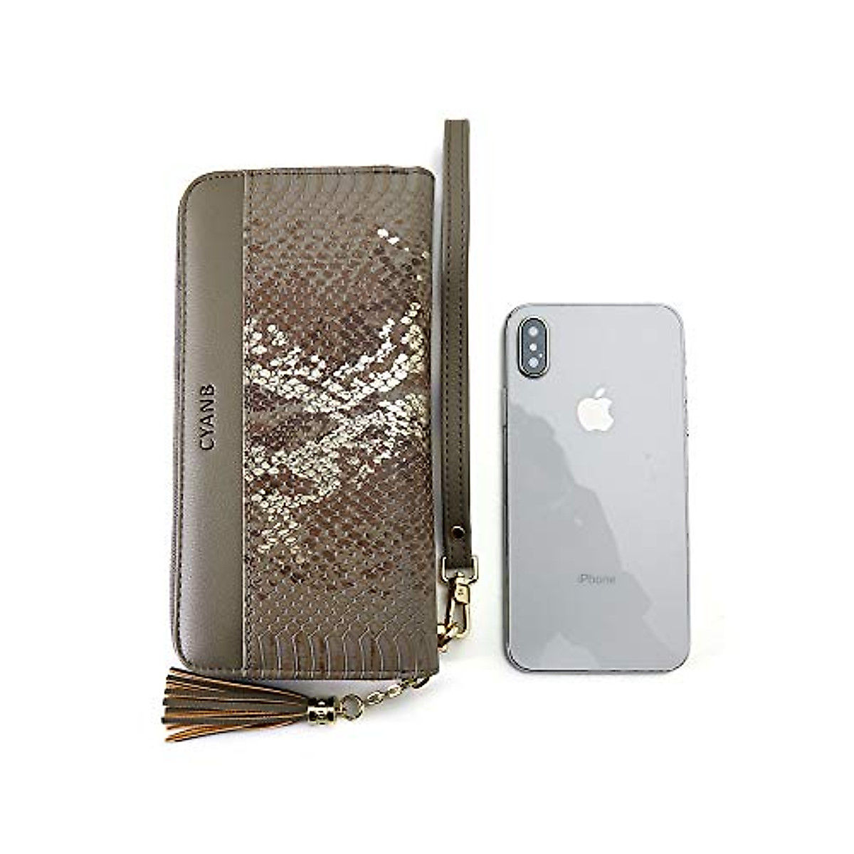 CYANB Women Wallets Tassel Bifold Ladies Cluth Wristlet Wrist strap Long Purse Snake Print Sequins Dark Brown