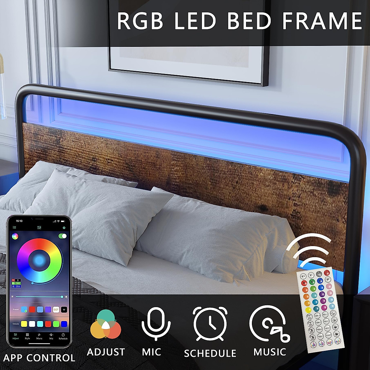Fastroby King Size Bed Frames with Headboard LED Light, Platform Bed Frame King with 10" Under Bed Storage, Heavy Duty Bed Frame No Box Spring Needed, Easy Assembly, Rustic Brown and Black