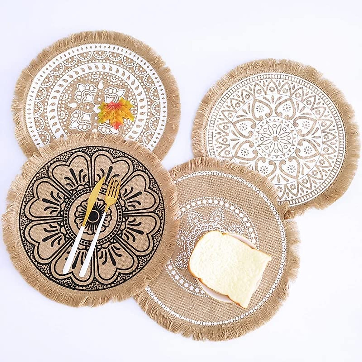 GorinsKani 2 Pieces of Cotton Thread Embroidery Table mat Jute Table mat Decoration mat Round Tassel Side Table mat Heat Insulation mat Anti-Slip Kitchen mat Home Decoration (Tassel Style E)