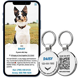 MYLUCKYTAG Personalized Pet ID Tags Dog Tags - QR Code ID Tags - Pet Online Profile - Send Pet Location Alert Email When Scanning