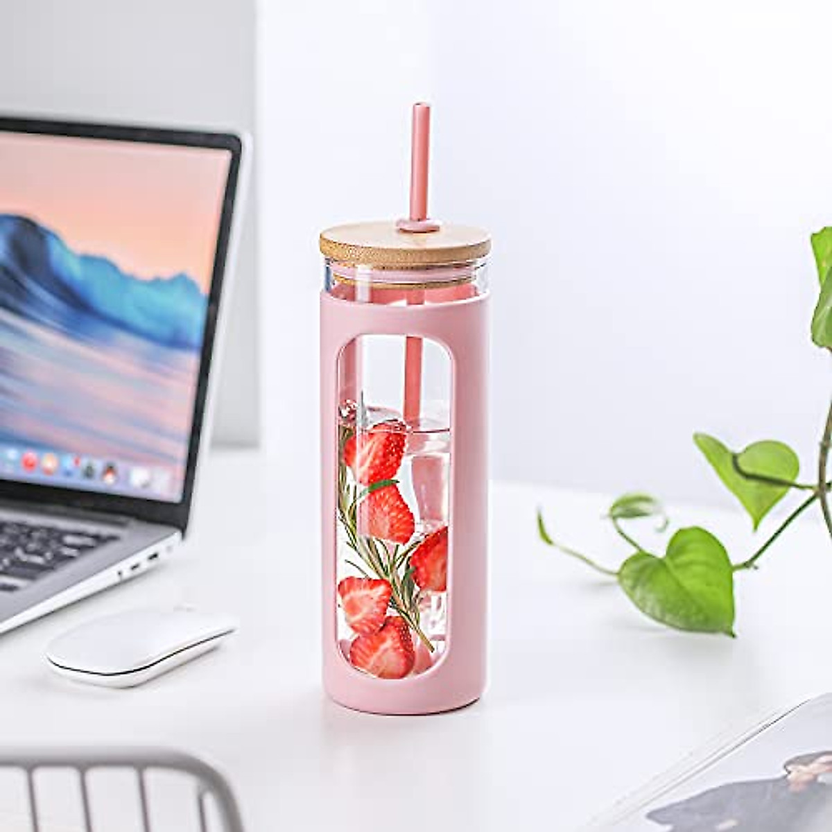 Kodrine 20oz Glass Water Tumble with Straw and Lid,Bamboo Lids Water Bottle, Iced Coffee Cup Reusable, Wide Mouth Smoothie Cups, Straw Silicone Protective Sleeve BPA FREE-Pink