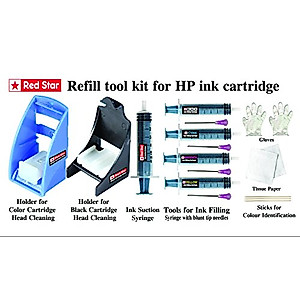 Red Star Ink Cartridge Refill Tool kit for hp 63 62 61 60 64 65 67 & 901 Black and Color Ink Cartridge ( Tools for Ink Filling, Nozzle Cleaning, Ink Suction Priming Holder Clip & Instructions )