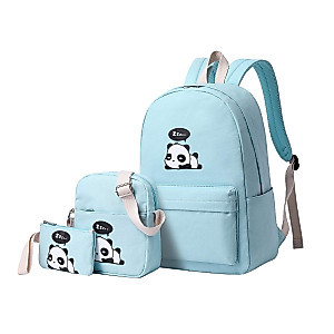 3Pcs Cute Panda Backpacks Set for Teenage Girls Boys Lightweight Casual Canvas School Backpack (Blue)