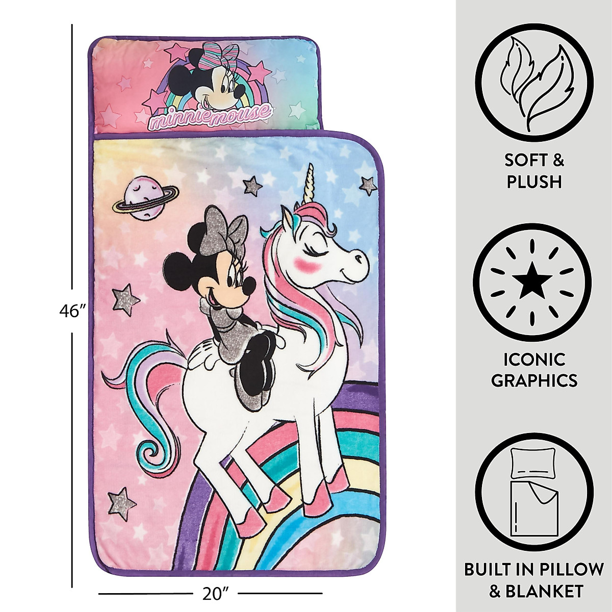 Idea Nuova Disney Minnie Mouse Super Soft Toddler Quilted Nap Mat with Built in Pillow, 26"" x46, Multicolor