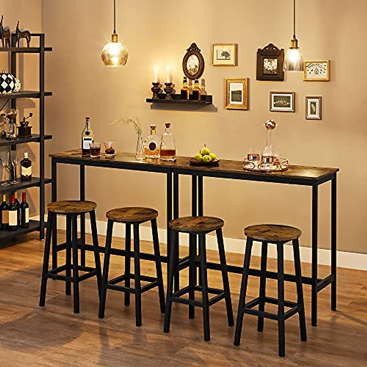 VASAGLE Bar Table and Chairs Set, Kitchen Bar Table with Bar Stools Set of 2, Industrial Steel Frame, Dining Table Set, Rustic Brown and Black ULBT219B01