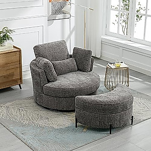 360° Swivel Accent Barrel Chair and Half Crescent Moon Storage Bench Large Ottoman with 4 Pillows,Upholstered Oversized Leisure Round Loveseat Recliner Sofa Chaise Lounge Circle Armchair for Club