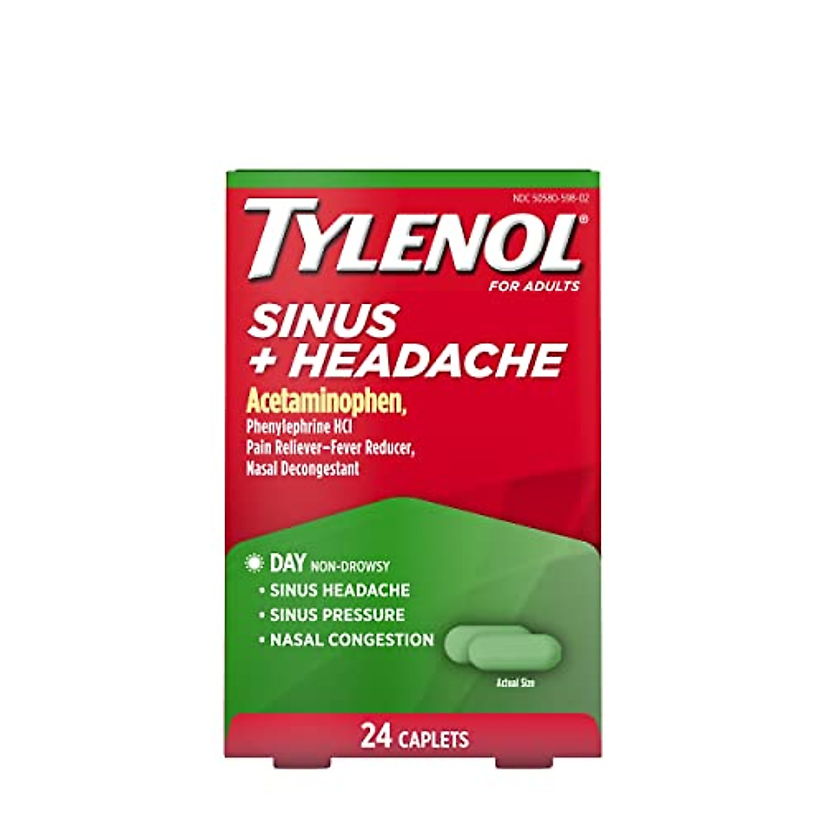 Tylenol Sinus + Headache Daytime Non-Drowsy Relief Caplets, Acetaminophen 325mg, Nasal Decongestant for Sinus Pressure, Headache & Nasal Congestion Relief, 24 ct