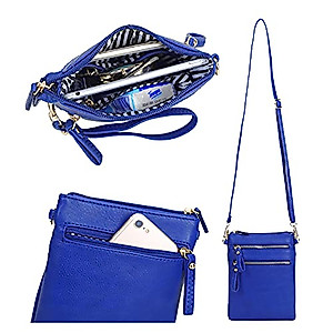 Solene Women's Faux Leather Organizer Multi Zipper Pockets Handbag With Detachable Wristlet Crossbody Bag-WU002(Royal Blue)