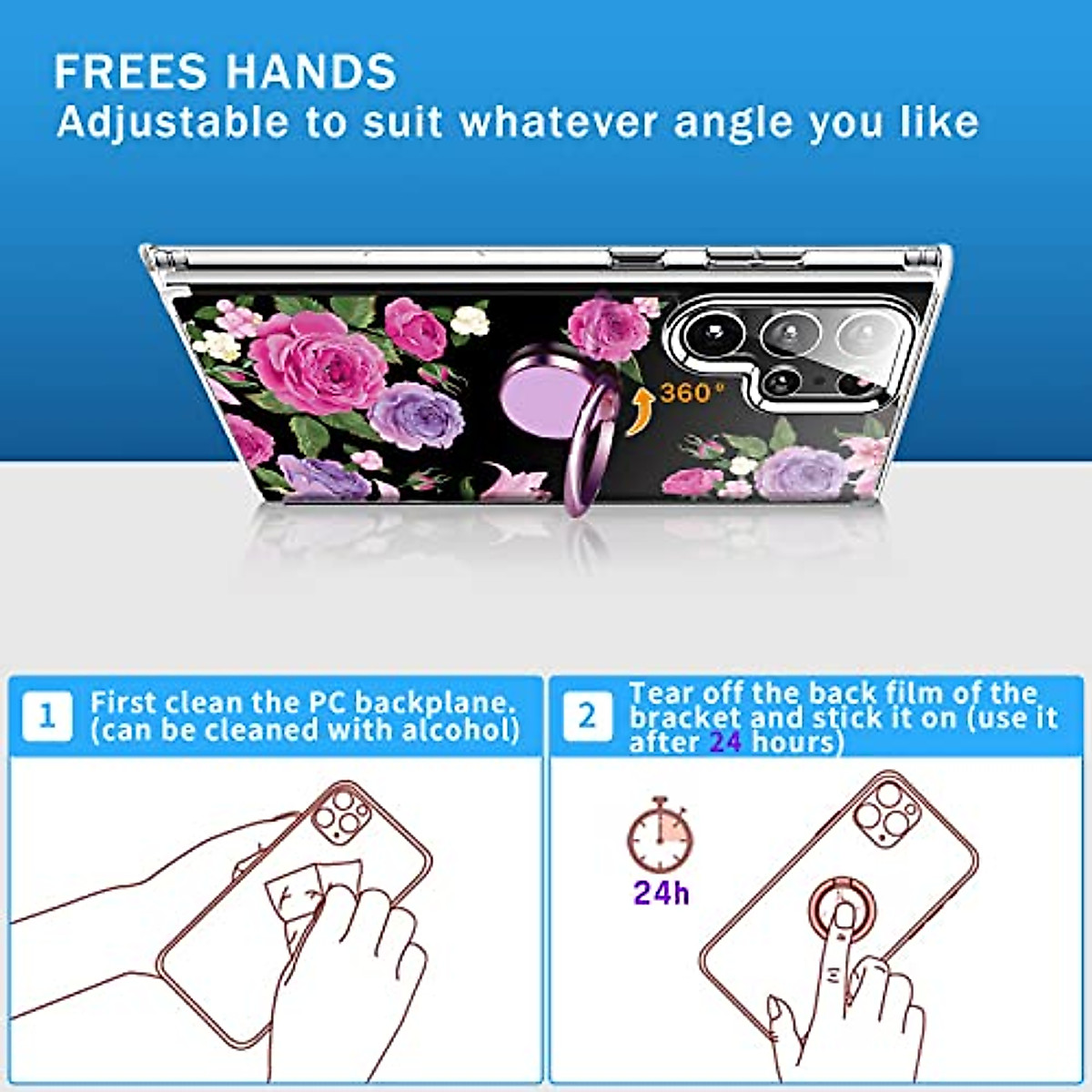 KISPURE for Samsung Galaxy S23 Ultra Case,Clear Rose Flower Garden Floral Women Phone Case Shockproof Protective Design,Thin Soft Silicone TPU Bumper Case for Galaxy S23 Ultra(2023)with kickstand,Pink