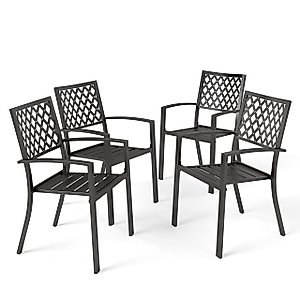 PHI VILLA 4 Pcs Patio Metal Outdoor Dining Chairs, Set of 4 Stackable Black Patio Chairs with Armrest, Indoor/Outdoor Portable Wrought Iron Chairs for Garden, Yard, Support 300 lbs
