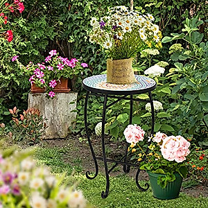 VINGLI Mosaic Accent Table, 14" Round Side Table,End Table, Plant Stand Decor for Patio Porch Beach Theme Balcony Back Deck Pool Indoor Outdoor Coffee, Metal Cobalt Glass Top Black Iron(Blue Hawaii)